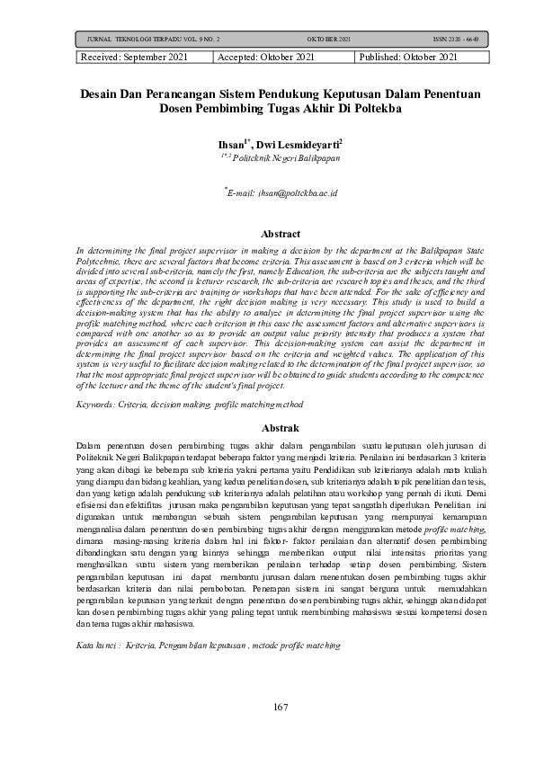 (PDF) Desain Dan Perancangan Sistem Pendukung Keputusan Dalam Penentuan Dosen Pembimbing Tugas ...