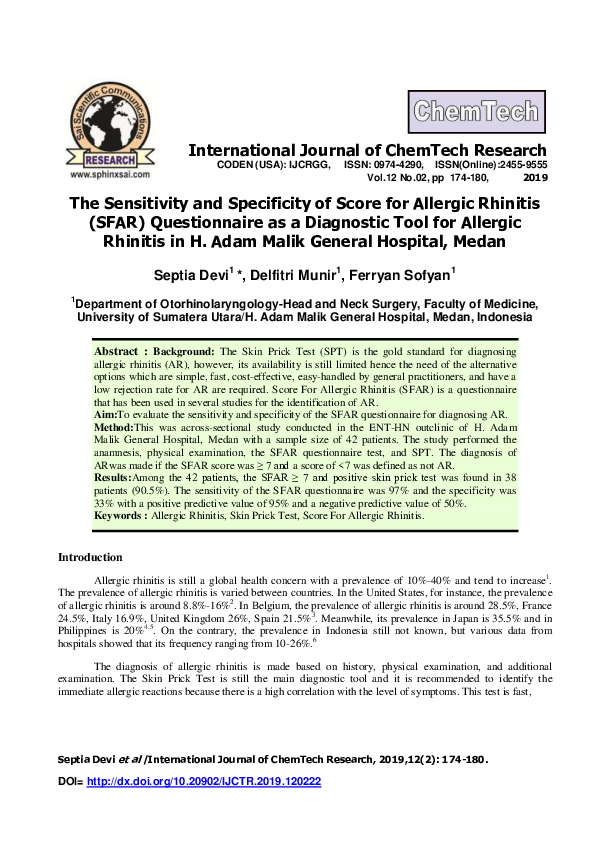 (PDF) The Sensitivity and Specificity of Score for Allergic Rhinitis ...
