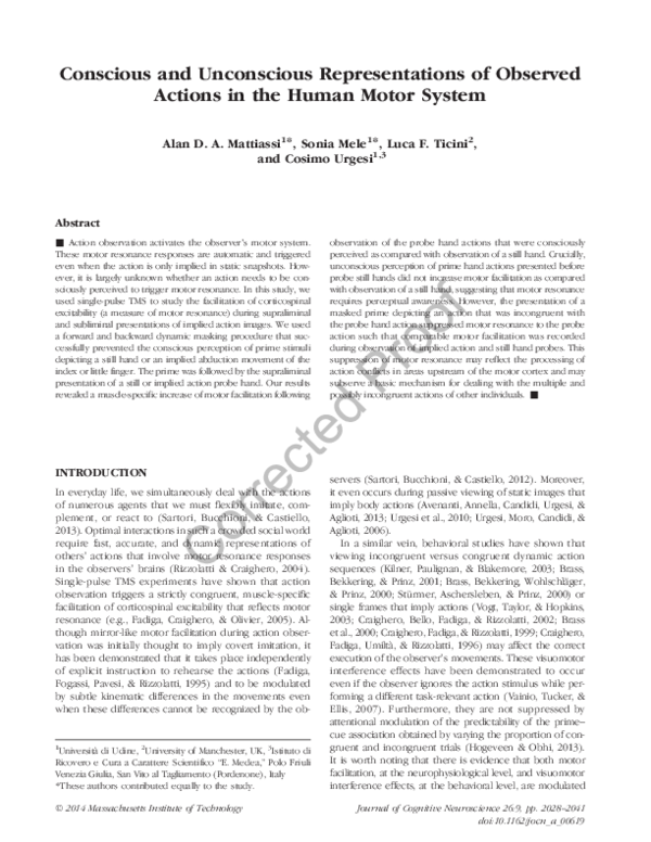 (PDF) Conscious and Unconscious Representations of Observed Actions in the Human Motor System