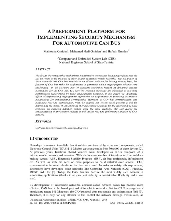 (PDF) Implementing Security Mechanism for Automotive Can Bus
