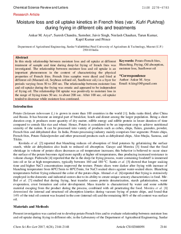 (PDF) Moisture loss and oil uptake kinetics in French fries (var. Kufri ...