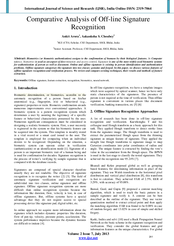 Pdf Comparative Analysis Of Off Line Signature Recognition