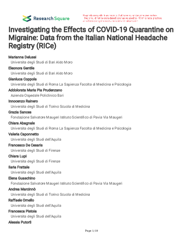 (PDF) Investigating the Effects of COVID-19 Quarantine on Migraine ...