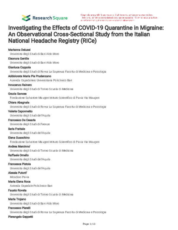 (PDF) Investigating the Effects of COVID-19 Quarantine in Migraine: An ...