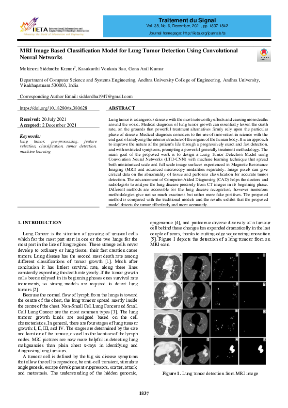 Pdf Mri Image Based Classification Model For Lung Tumor Detection Using Convolutional Neural