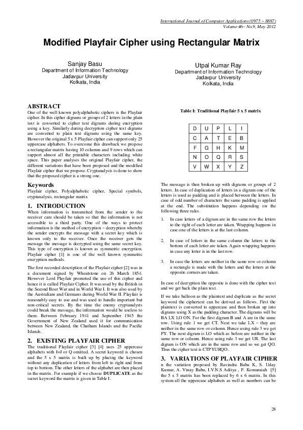 (PDF) Modified Playfair Cipher using Rectangular Matrix