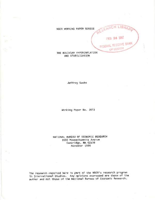 (PDF) The Bolivian Hyperinflation and Stabilization