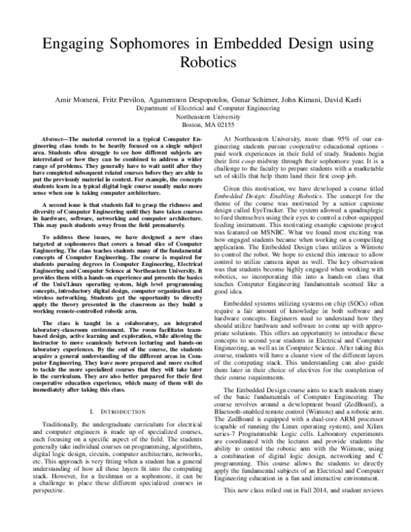 (PDF) Engaging sophomores in embedded design using robotics