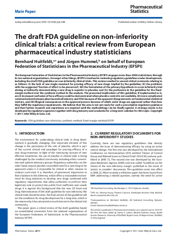 (PDF) The draft FDA guideline on non-inferiority clinical trials: a ...