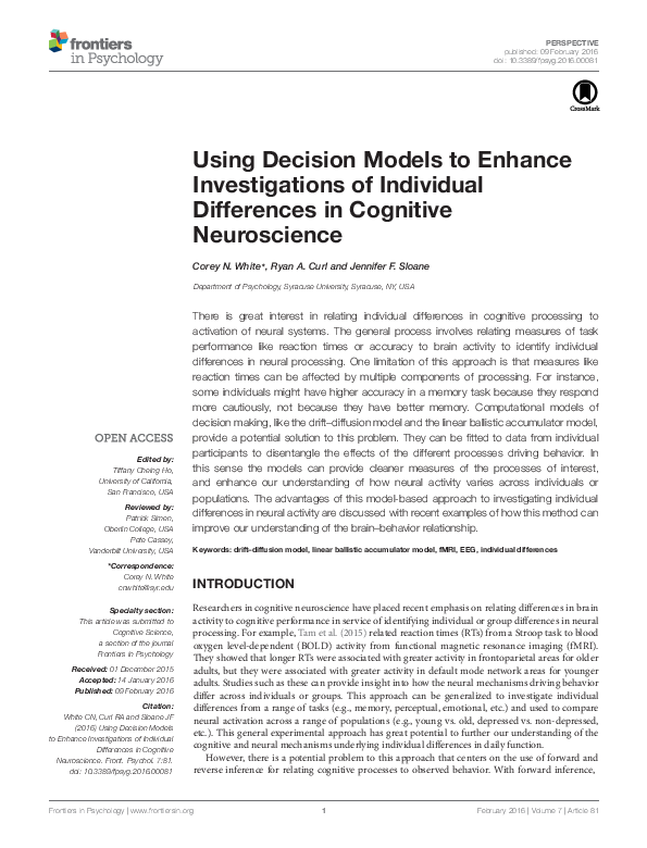 Pdf Using Decision Models To Enhance Investigations Of Individual Differences In Cognitive