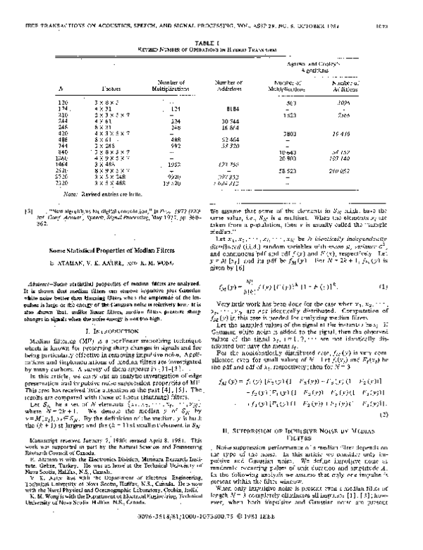 (PDF) Some statistical properties of median filters