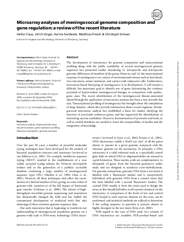 Pdf Microarray Analyses Of Meningococcal Genome Composition And Gene Regulation A Review Of