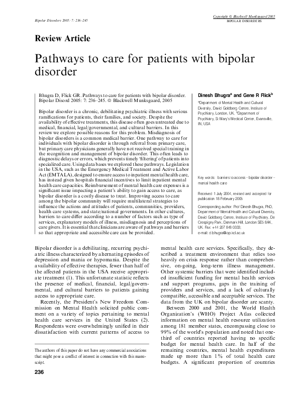 (PDF) Pathways to care for patients with bipolar disorder