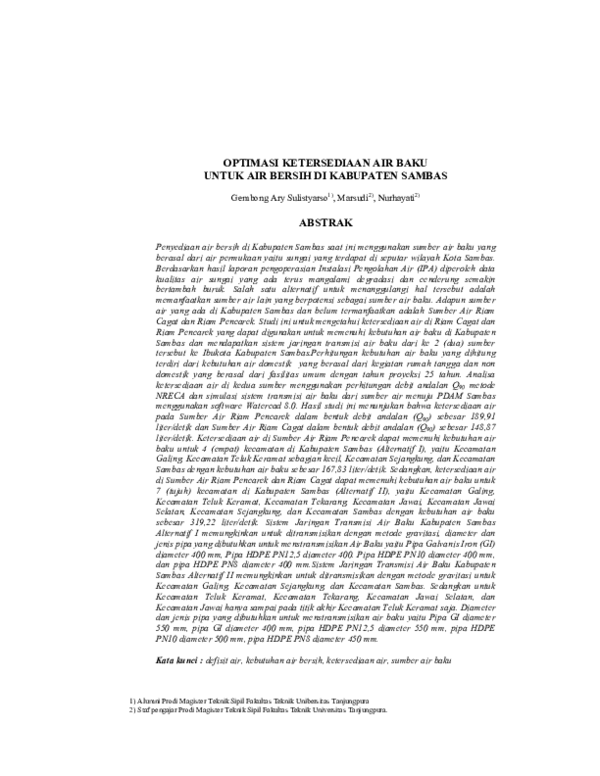 (PDF) Optimasi Ketersediaan Air Baku Untuk Air Bersih DI Kabupaten Sambas