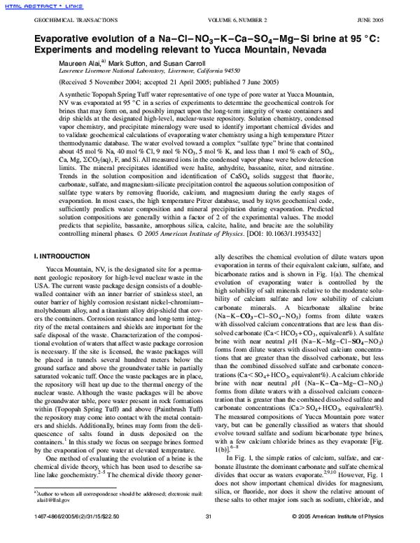 (PDF) Evaporative evolution of a Na–Cl–NO[sub 3]–K–Ca–SO[sub 4]–Mg–Si brine at 95 °C ...