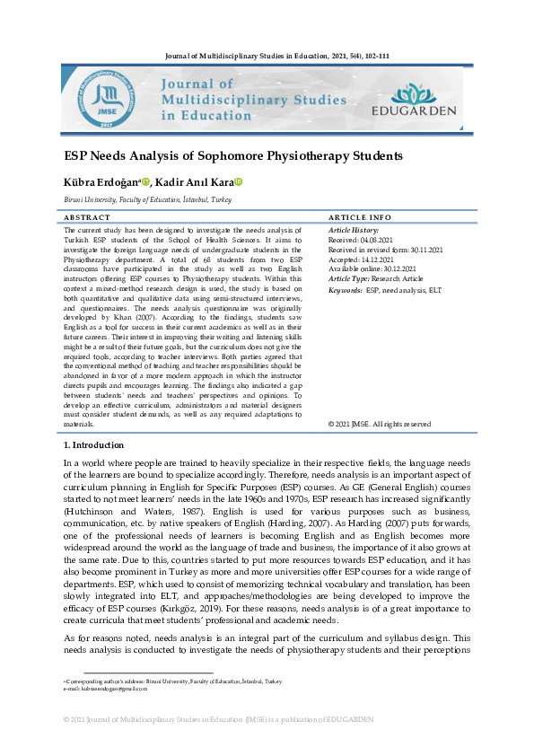 (PDF) ESP Needs Analysis of Sophomore Physiotherapy Students