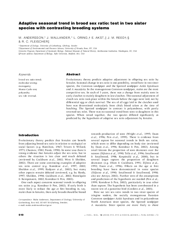 Pdf Adaptive Seasonal Trend In Brood Sex Ratio Test In Two Sister