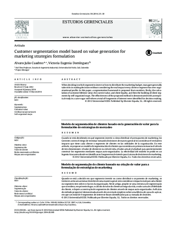 (PDF) Customer segmentation model based on value generation for ...