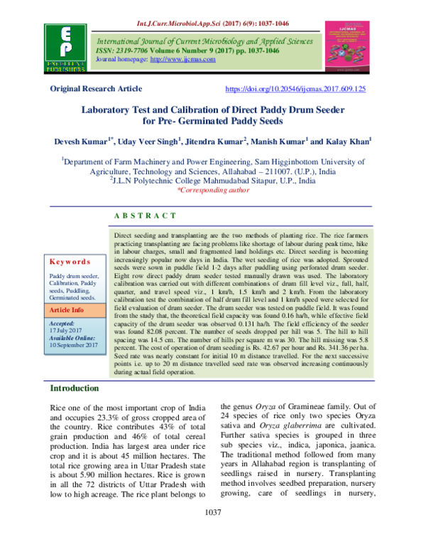 (PDF) Laboratory Test and Calibration of Direct Paddy Drum Seeder for ...