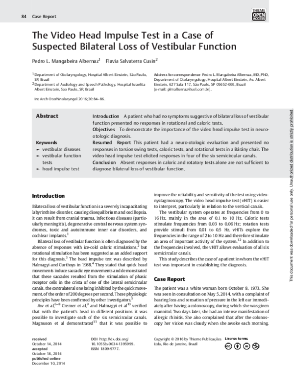 (PDF) The Video Head Impulse Test in a Case of Suspected Bilateral Loss ...