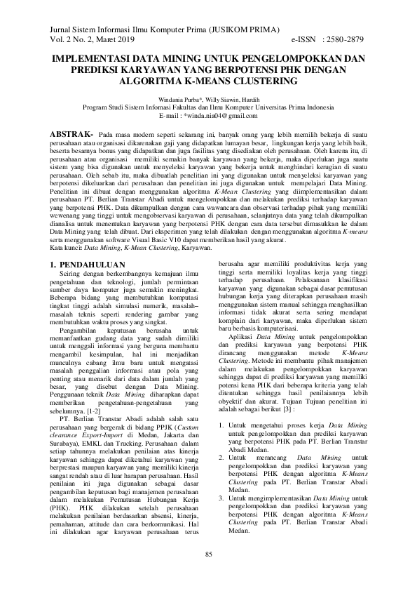 (PDF) Implementasi Data Mining Untuk Pengelompokkan Dan Prediksi Karyawan Yang Berpotensi PHK ...