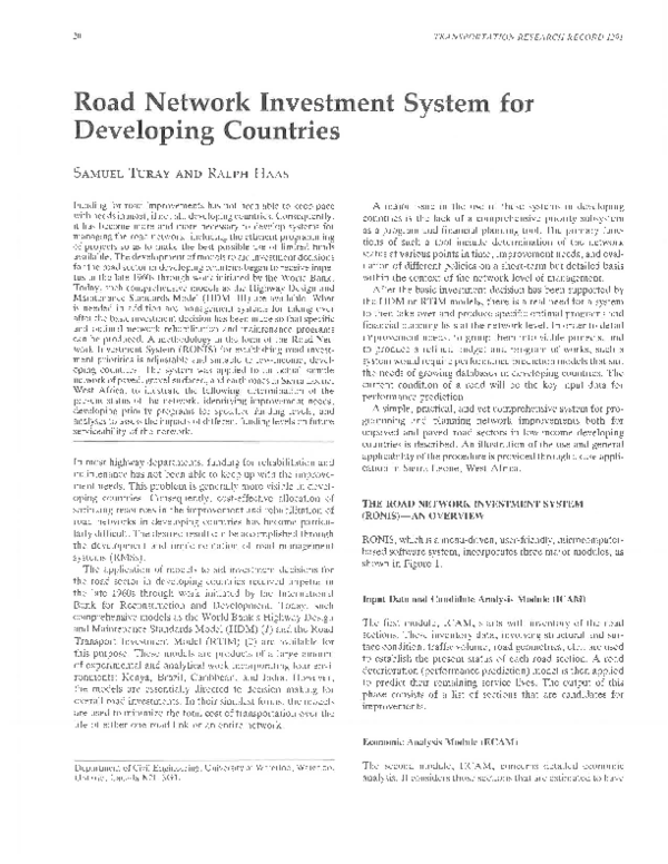 (PDF) Road Network Investment System for Developing Countries