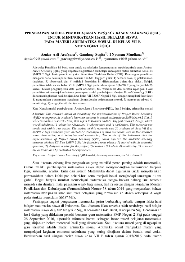 (PDF) PENERAPAN MODEL PEMBELAJARAN PROJECT BASED LEARNING (PjBL) UNTUK ...