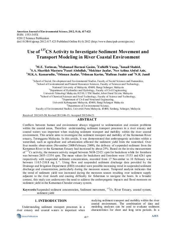 Pdf 137cs Activity Analysis Of Sediment Transport In Coastal Rivers