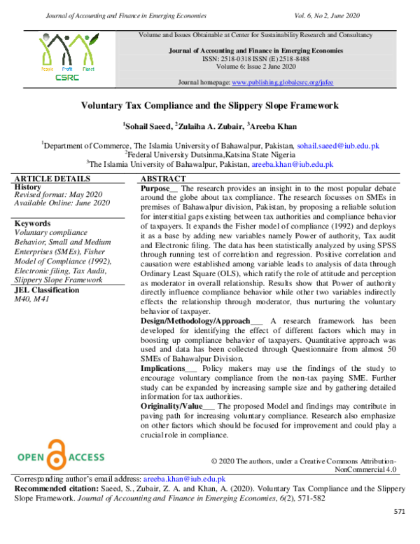 (PDF) Voluntary Tax Compliance and the Slippery Slope Framework