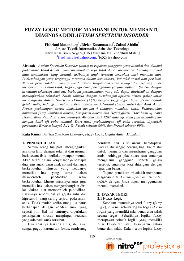 (PDF) Fuzzy Logic Metode Mamdani Untuk Membantu Diagnosa Dini Autism Spectrum Disorder | Zainal ...