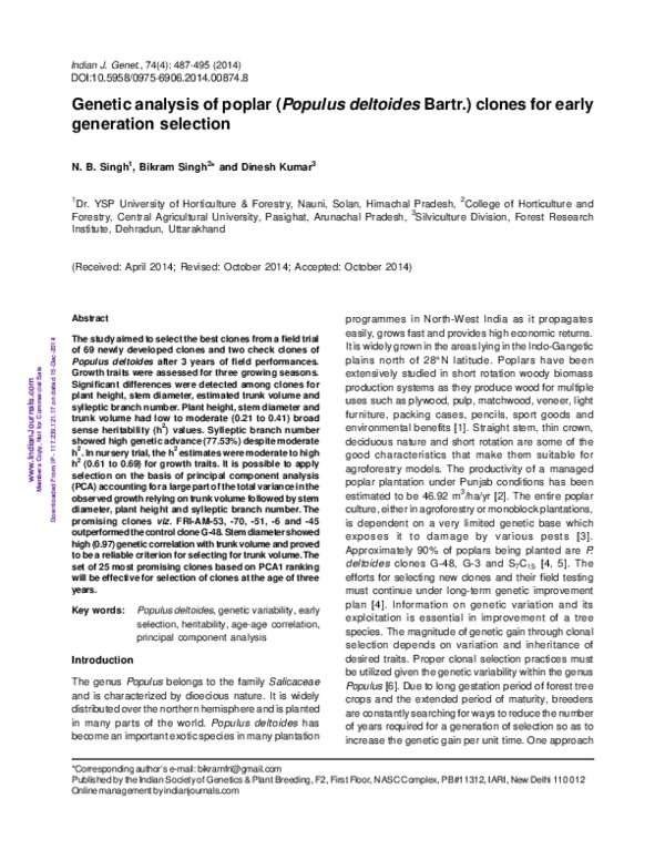(PDF) Genetic analysis of poplar ( Populus deltoides Bartr.) clones for early generation ...