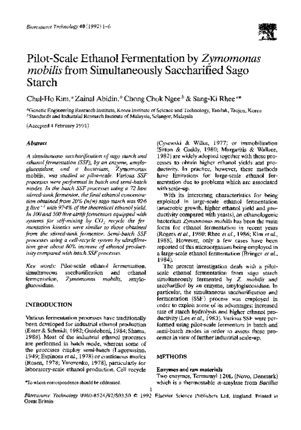 (PDF) Pilot-scale ethanol fermentation by Zymomonas mobilis from ...