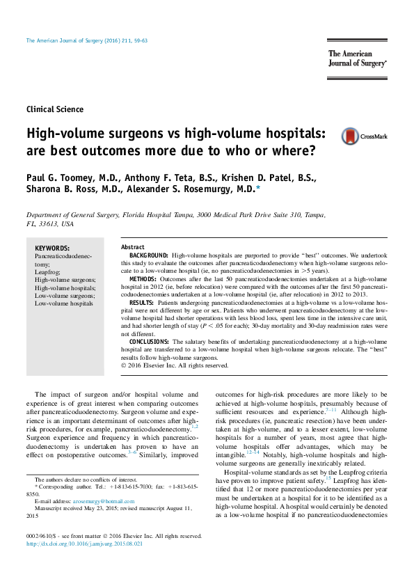 (PDF) High-volume surgeons vs high-volume hospitals: are best outcomes ...