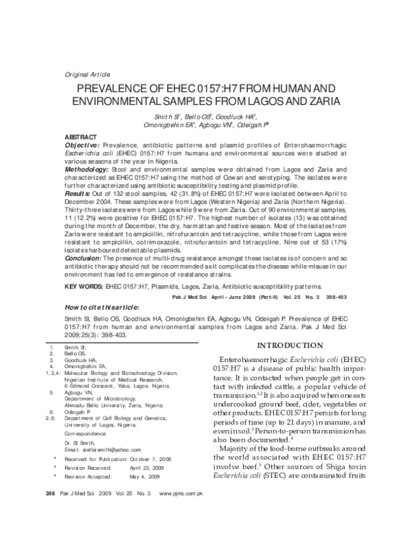 (PDF) Prevalence of EHEC 0157:H7 from human and environmental samples ...