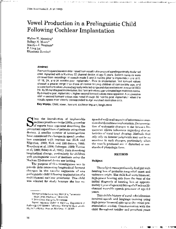(PDF) Vowel production in a prelinguistic child following cochlear implantation