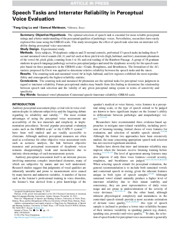 (PDF) Speech tasks and interrater reliability in perceptual voice evaluation | Fang-Ling Lu ...