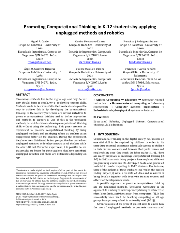 (PDF) Promoting Computational Thinking in K-12 students by applying unplugged methods and robotics
