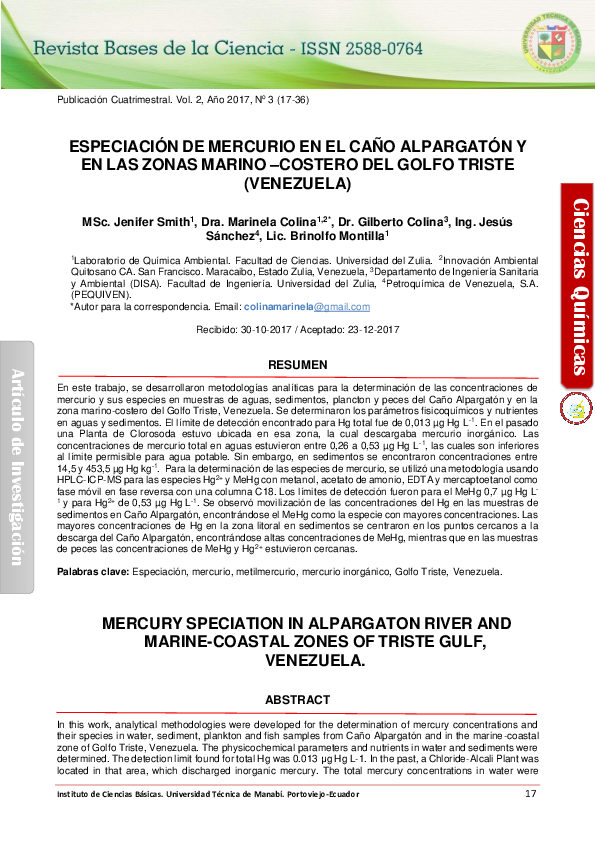 (PDF) Especiación De Mercurio en El Caño Alpargatón y en Las Zonas ...