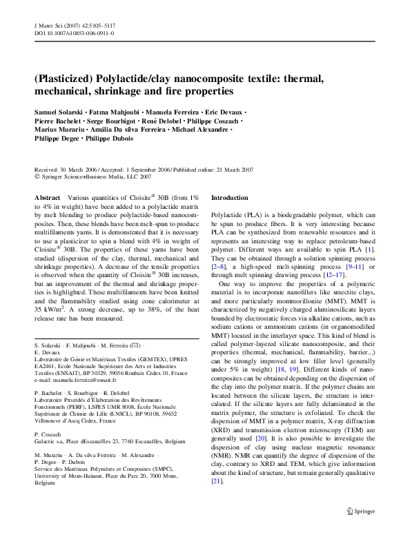 (PDF) (Plasticized) Polylactide/clay nanocomposite textile: thermal, mechanical, shrinkage and ...
