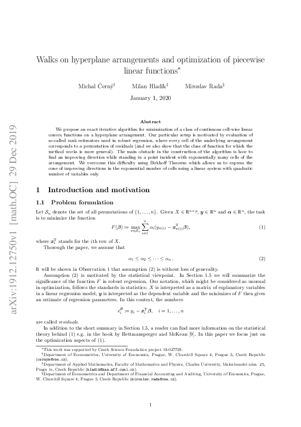 (PDF) Walks on hyperplane arrangements and optimization of piecewise linear functions | Milan ...