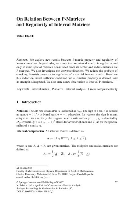 (PDF) On Relation Between P-Matrices and Regularity of Interval Matrices