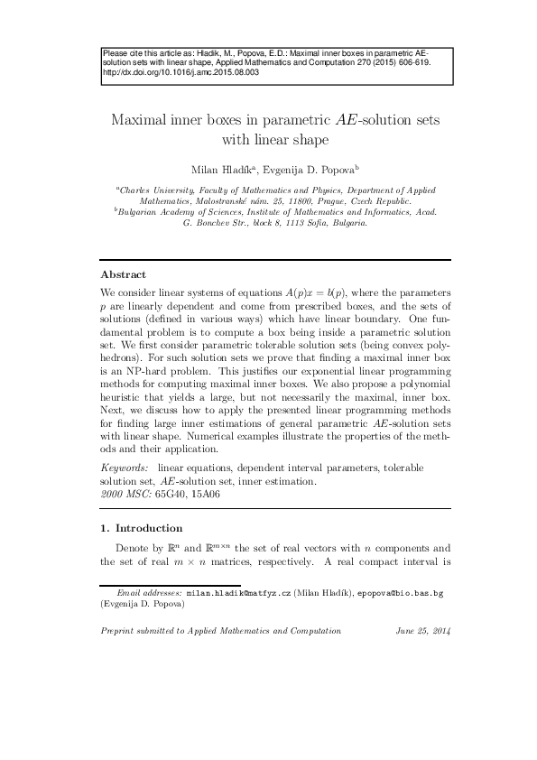 Pdf Maximal Inner Boxes In Parametric Ae Solution Sets With Linear Shape