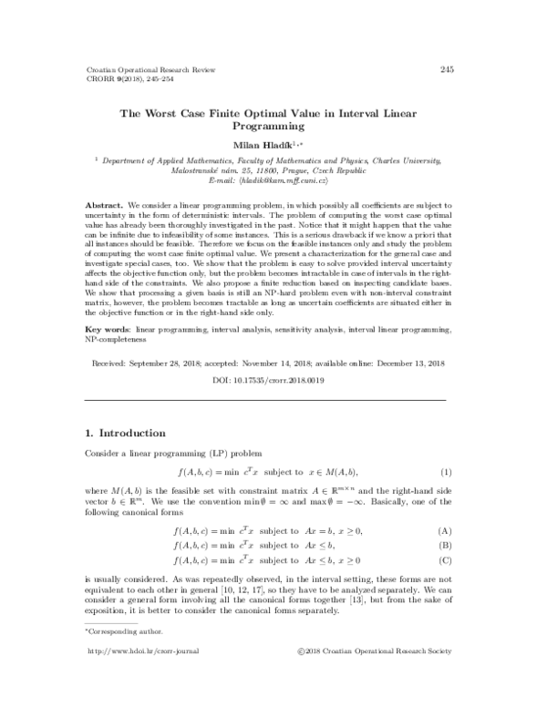 Pdf The Worst Case Finite Optimal Value In Interval Linear Programming