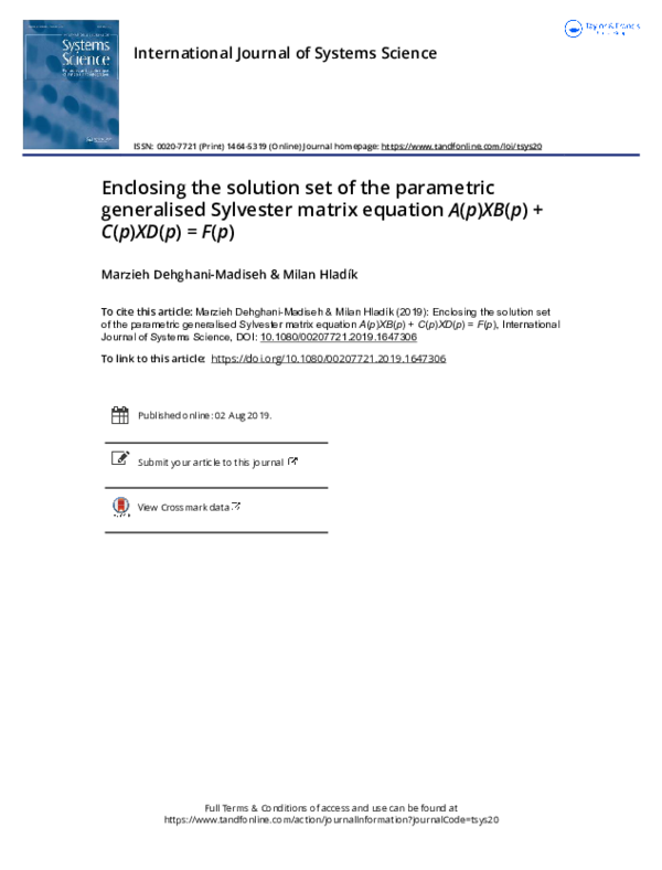Pdf Enclosing The Solution Set Of The Parametric Generalised Sylvester Matrix Equation Apxb