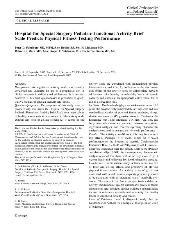 (PDF) Hospital for Special Surgery Pediatric Functional Activity Brief ...