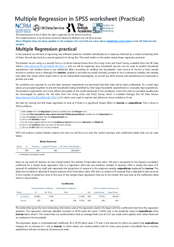 (PDF) Multiple Regression in SPSS worksheet (Practical)