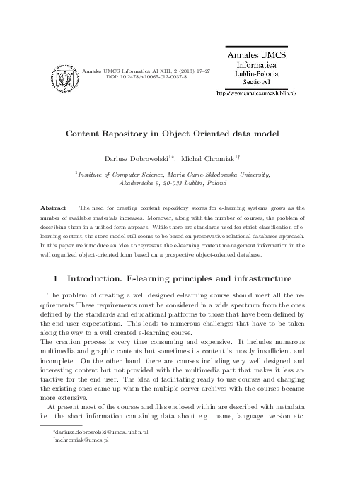 (PDF) Content Repository in Object Oriented data model | Dariusz Dobrowolski - Academia.edu