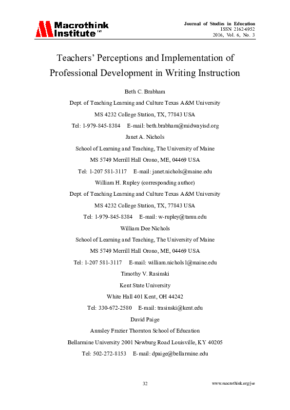 (PDF) Teachers’ Perceptions and Implementation of Professional Development in Writing Instruction