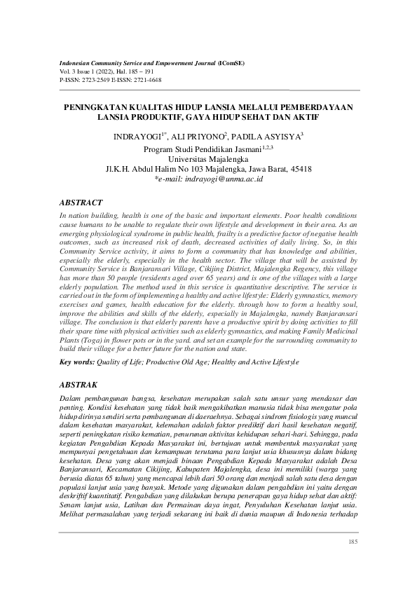 (PDF) Peningkatan Kualitas Hidup Lansia Melalui Pemberdayaan Lansia Produktif, Gaya Hidup Sehat ...