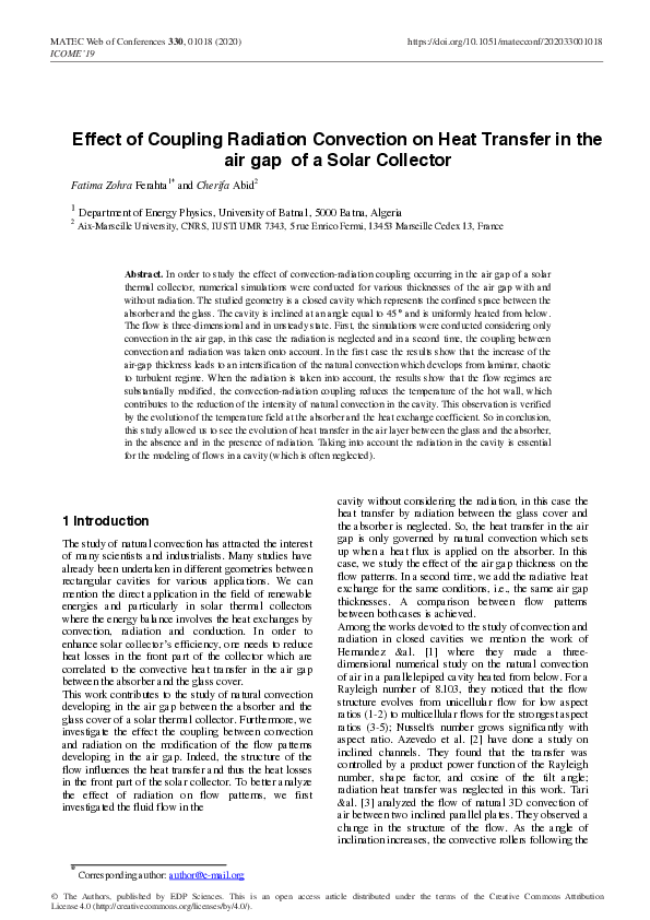 (PDF) Effect of Coupling Radiation Convection on Heat Transfer in the air gap of a Solar Collector